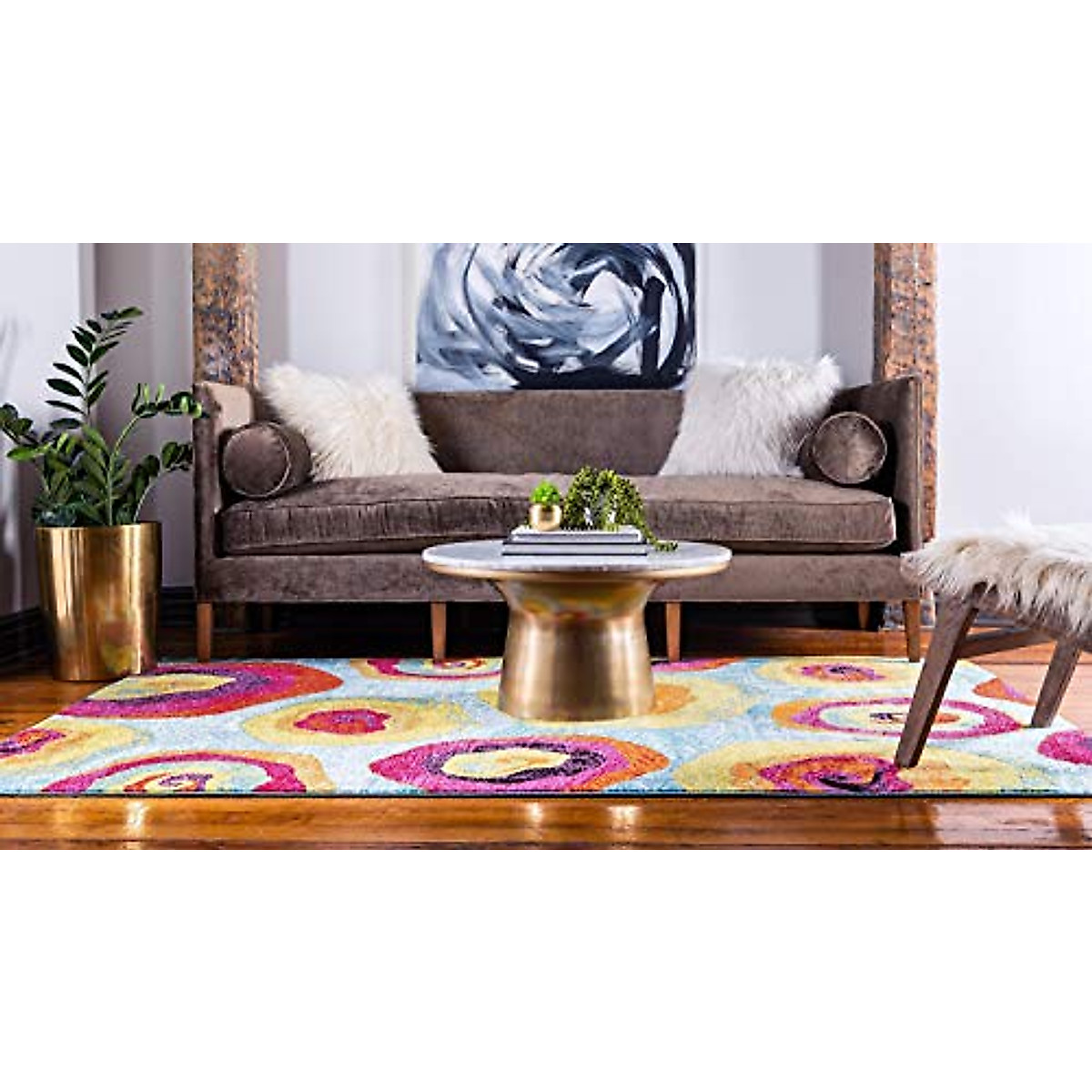 Unique Loom Lyon Collection Colorful Modern Abstract Floral Area Rug, 4 x 6 Feet, Blue/Yellow