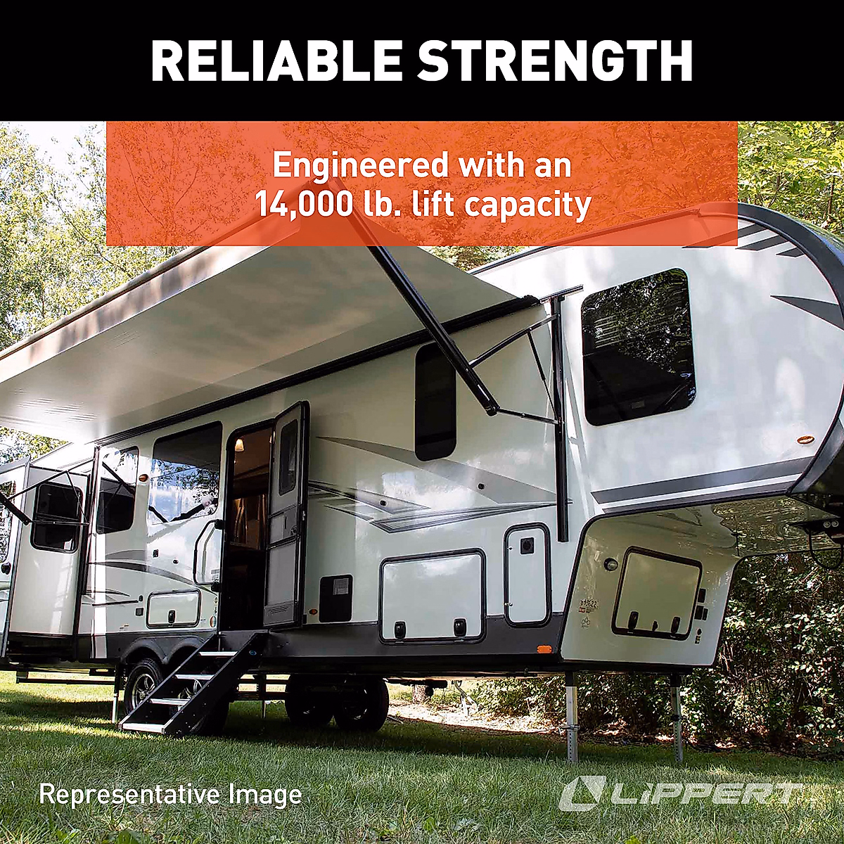 Lippert Level Up Replacement Hydraulic Landing Gear Left Jack for 5th Wheel RVs and Travel Trailers, 14,000-lbs. Lift Capacity, Aluminum, 9" Diameter Footpad, 27-7/16" Height - 433467