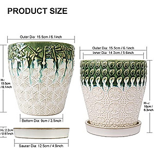 YFFSRJDJ 6 Inch Ceramic Planter Pots with Drainage Holes, Saucers and Mesh Pads for Indoor-Outdoor Plants, Succulent Orchid Flower Large Round Plant Pot, Set of 2 (Green+White)