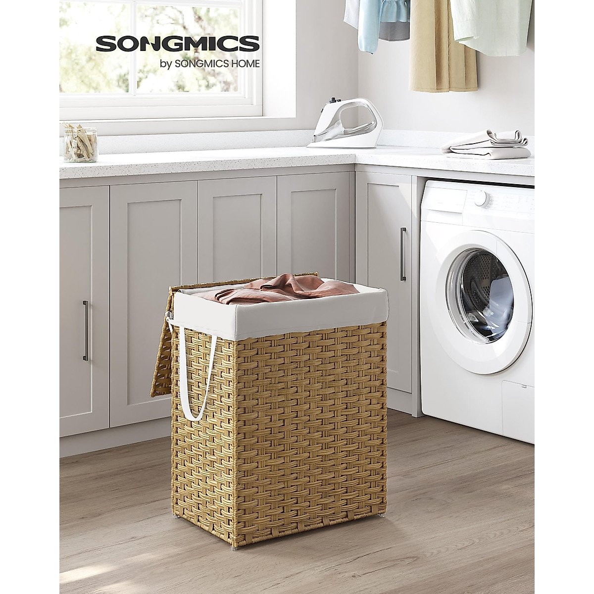 SONGMICS Laundry Hamper with Lid, 23.8 Gallon (90 L) Synthetic Rattan Clothes Laundry Basket with Lid and Handles, Foldable, Removable Liner, Goose Yellow ULCB51NL