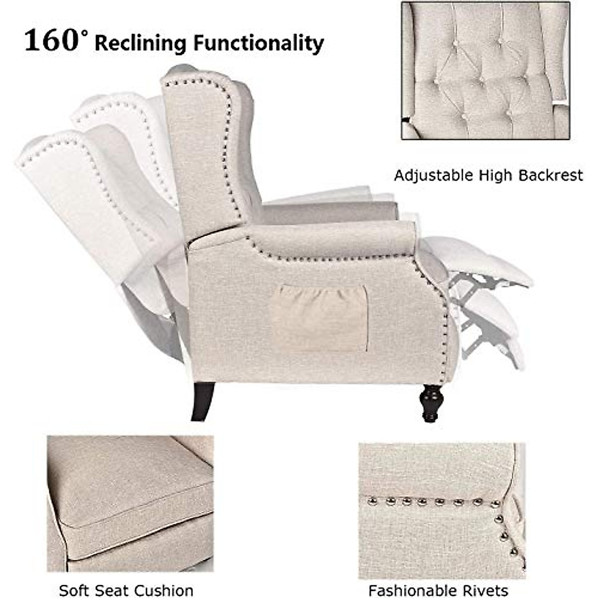 Grepatio Wingback Recliner Chair - Massage Heated Recliner Chair with Remote Control, Single Sofa Mid-Century High Back Accent Chair Tufted Chair