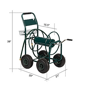VINGLI 4-Wheel Garden Hose Reel Cart with Storage Basket, Portable Residential Hose Reel Cart, Lawn Watering, for Garden Backyard and Farm (Green)
