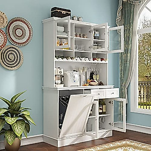 FAMAPY Kitchen Hutch Cabinet with Flip Storage for Garbage Bin, Kitchen Pantry Cabinet Cupboard with Glass Doors & Drawers, Wine Storage, Glass Holder, White (47.3”W x 15.9”D x 75.7”H)