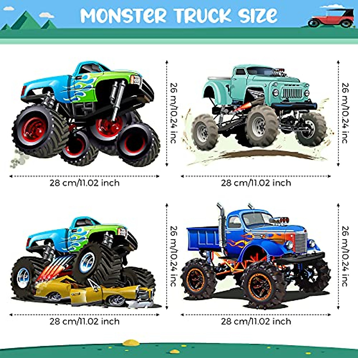 4 Sheets Truck Wall Decals Glow in The Dark Truck Stickers Large Car Wall Ceilings Stickers for Kids Boys and Girls Room Bedroom Home Decors, 4 Styles, 11 x 11.8 Inches