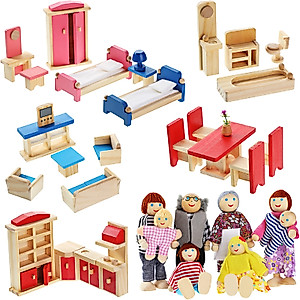 Sumind 35 Pcs Wooden Doll House Furniture and Accessories Set with 27 Pcs Dollhouse Furniture 8 Pcs Doll House Dolls Family Doll Furniture Small Dolls for Dollhouse Family Set Dollhouse Accessories