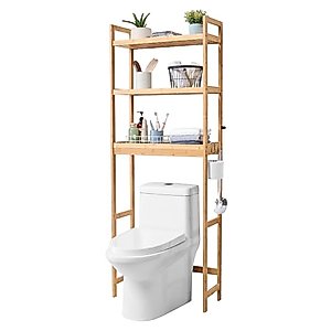 VEVOR Over The Toilet Storage, 3-Tier Adjustable Over Toilet Bathroom Organizer, Bamboo Storage Shelf Rack with 3 Hooks, Freestanding Easy Assembly Laundry Space Saver, Fit Most Toilets