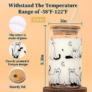 Joyseller Halloween Iced Coffee Can Glass, 16oz Halloween Cute Ghost Cat Glass Cup with Lid and Straw, Halloween Tumbler Beer Can Glass, Halloween Gifts, Halloween Decorations