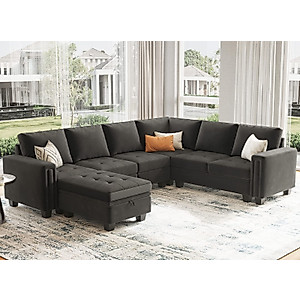 Belffin Velvet Modular Sectional Sofa with Storage Ottoman 6 Seater L Shaped Sectional Modular Sofa Couch with Reversible Chaise Convertible Corner Sectional Couch Grey