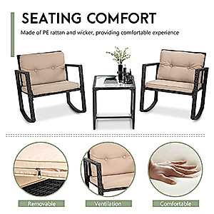 FDW Wicker Patio Furniture Sets Outdoor Bistro Set Rocking Chair 3 Piece Patio Set Rattan Chair Conversation Set for Backyard Porch Poolside Lawn with Coffee Table,Black