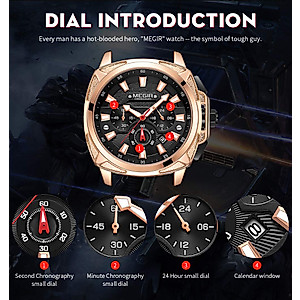 MEGIR Mens Watches Chronograph Leather Waterproof Analogue Quartz Stainless Steel Business Classic Men's Wrist Watches (Black)