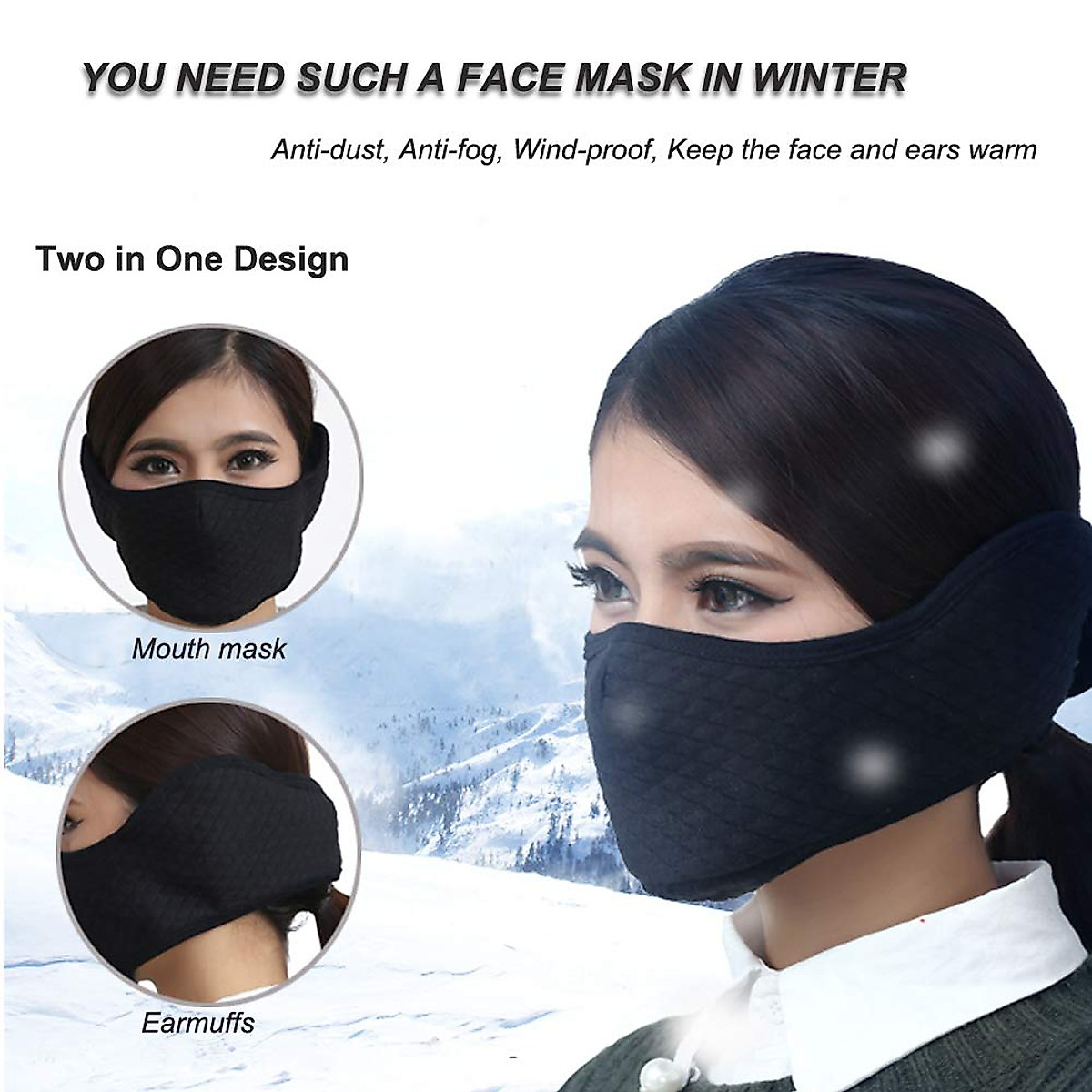 KIVETAI Half Face Mask Winter Warmer Dust Mask Windpoof Mouth Mask Ski Mask with Earmuffs Adjustable for Adults for Motorcycle, Cycling, Skiing, Snowboard, Hiking,Outdoor Activities