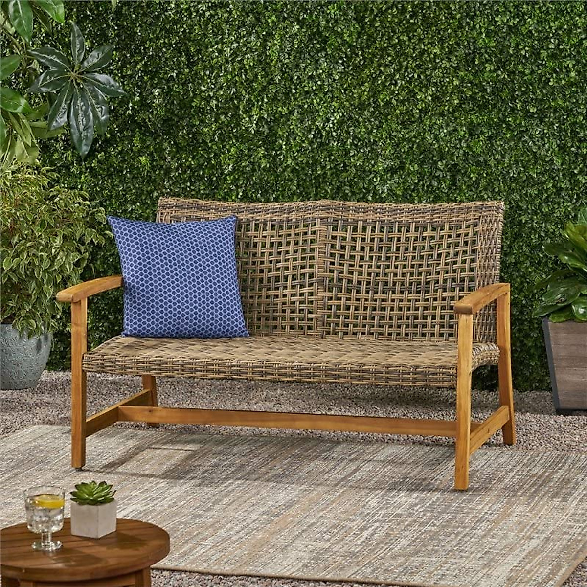Great Deal Furniture Marcia Outdoor Wood and Wicker Loveseat, Natural Finish with Gray Wicker