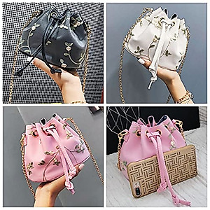 Women Crossbody Bucket Bag Mini Drawstring Shoulder Bags Travel Tote Handbags Casual Purse Satchels with Flower Embroidery