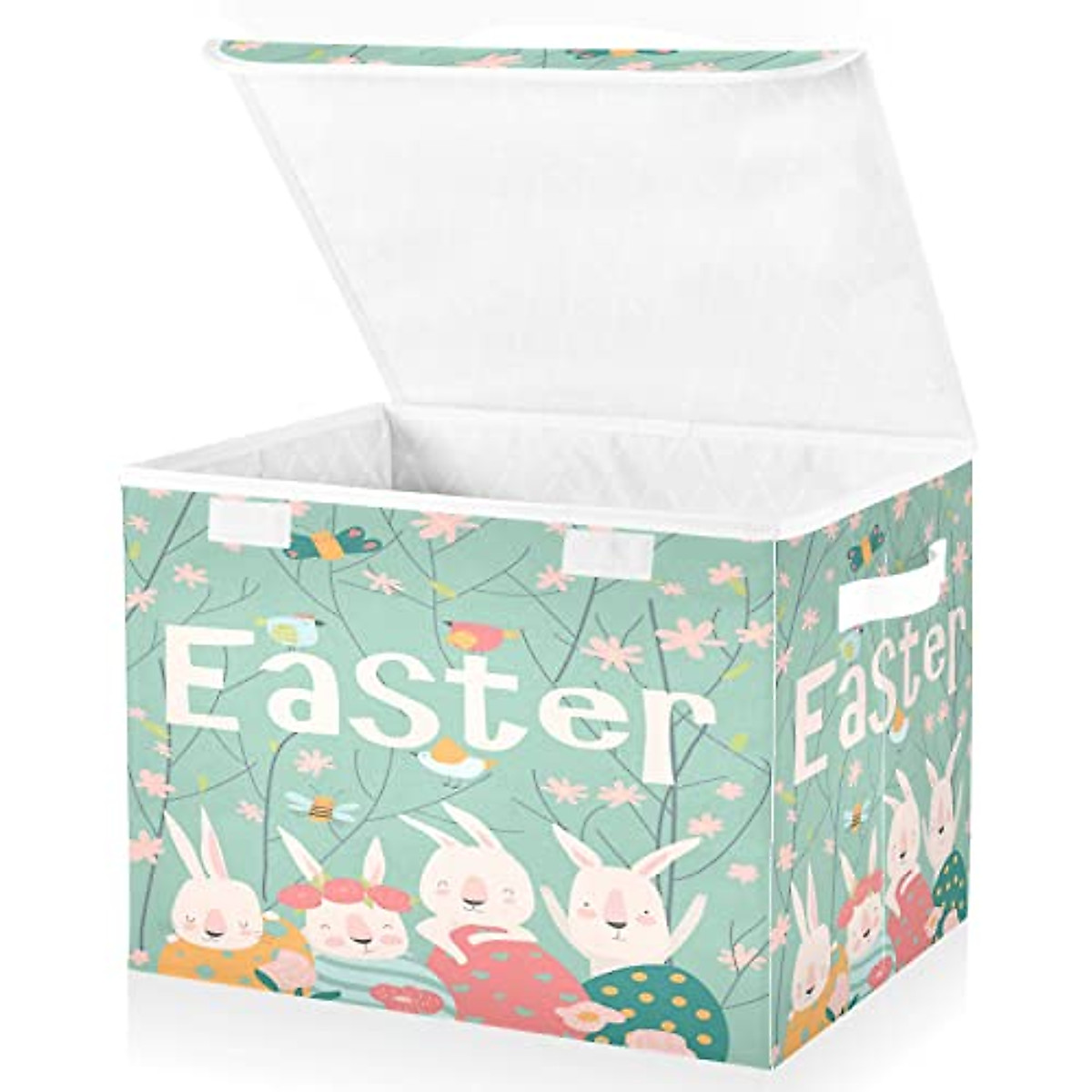 DOMIKING Easter Eggs Bunny Large Storage Bin with Lid Collapsible Shelf Baskets Box with Handles empty gift basket for Nursery Drawer Shelves Cabinet