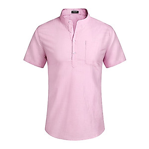 COOFANDY Men's Cotton Linen Henley Shirt Short Sleeve Hippie Casual Beach T-Shirts with Pocket Pink