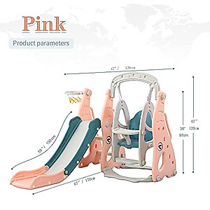 Toddler Slide and Swing Set 4 in 1 Toddler Playground with Swing Slide Climber and Basketball Baby Slide for Boys and Girls Backyard Playsets for Kids Indoor and Outdoor(Pink)