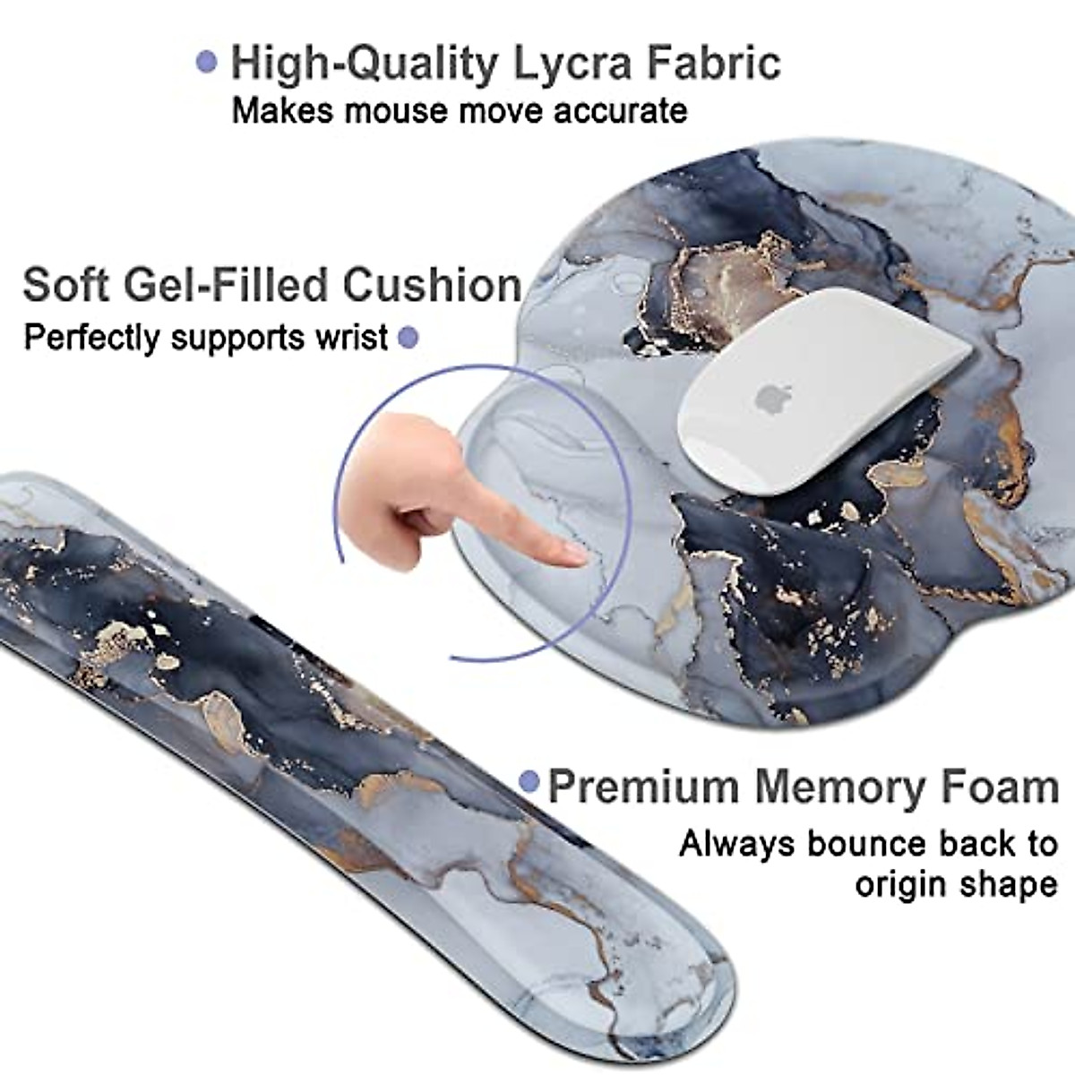 Keyboard Wrist Rest and Mouse Pad Wrist Support, Ergonomic Gel Memory Foam Keyboard Set with Non-Slip Rubber Base for Gaming and Office Easy Typing and Pain Relief, Gold Ink Marble