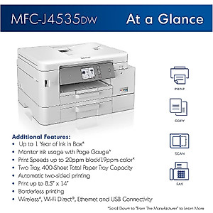 Brother MFC-J4535DW INKvestment Tank All-in-One Wireless Color Inkjet Printer - Print Copy Scan Fax - 20 ppm, 20-Sheet ADF, 2.7" Touchscreen Display, 4800 x 1200 dpi, Auto 2-Sided Printing, Tillsiy