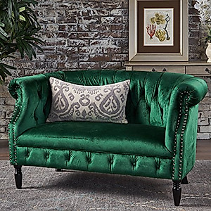 Great Deal Furniture Melaina Tufted Chesterfield Velvet Loveseat with Scrolled Arms, Emerald and Dark Brown