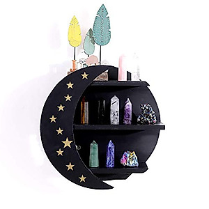 AMEAEEL Wooden Moon Shelf Pine Wood Deco Shelves Hanging or Standing for Crystals Black Moon and Stars Shelves(Black&Stars)