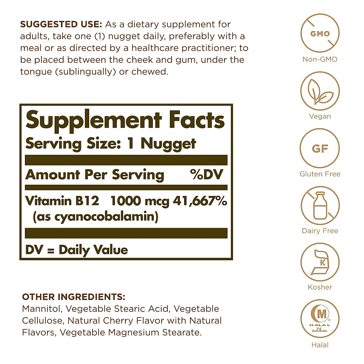 SOLGAR Sublingual Vitamin B12 1000 mcg - 250 Nuggets, Pack of 2 - Non-GMO, Vegan, Gluten Free, Dairy Free, Kosher, Halal - 500 Total Servings