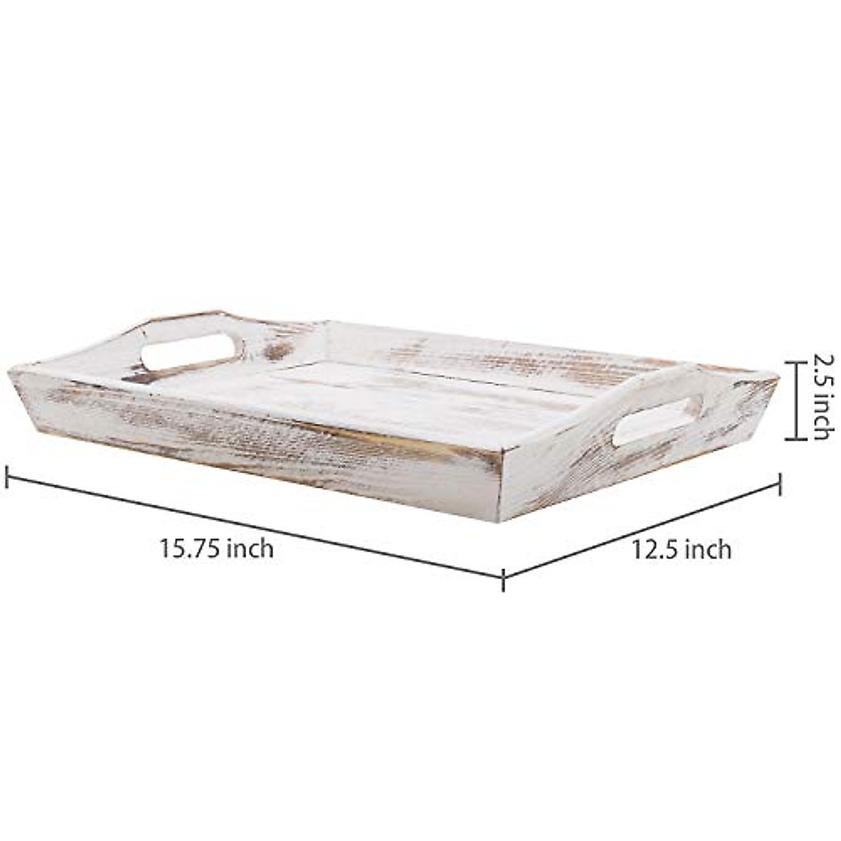 MyGift 16-inch Whitewashed Wood Decorative Serving Tray with Handles, Rectangular Breakfast OttomanTray