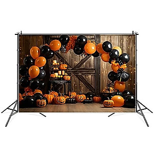 MOONDECO Photography Backdrop 7x5ft Halloween Arch Balloon Jack O Lantern Wood Party Background Kids Candle Light Fire Fly Photo Booth Decorations