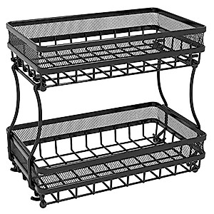 iNUREYE 2 Tier Fruit Basket for Counter, Metal Fruit Basket Stand Detachable Fruit Holder Bread Vegetable Storage Basket Square Fruit Bowl for Kitchen Counter Dining Table