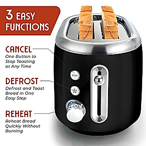 Mueller Retro Toaster 2 Slice with 7 Browning Levels and 3 Functions: Reheat, Defrost & Cancel, Stainless Steel Features, Removable Crumb Tray, Under Base Cord Storage, Black