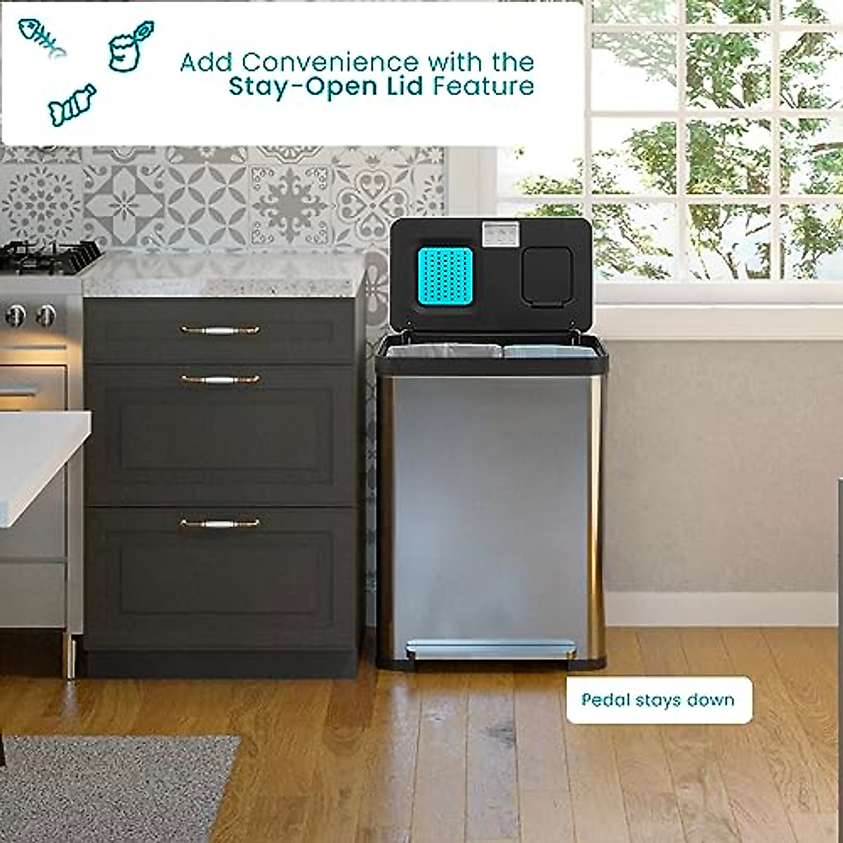 Home Zone Living 18.5 Gallon Kitchen Trash Can, Dual Removable Liners for Recycling and Trash, CleanAura Odor Control, Wide Stainless Steel Shape (10.6 + 7.9 for 18.5 Gallon Total)