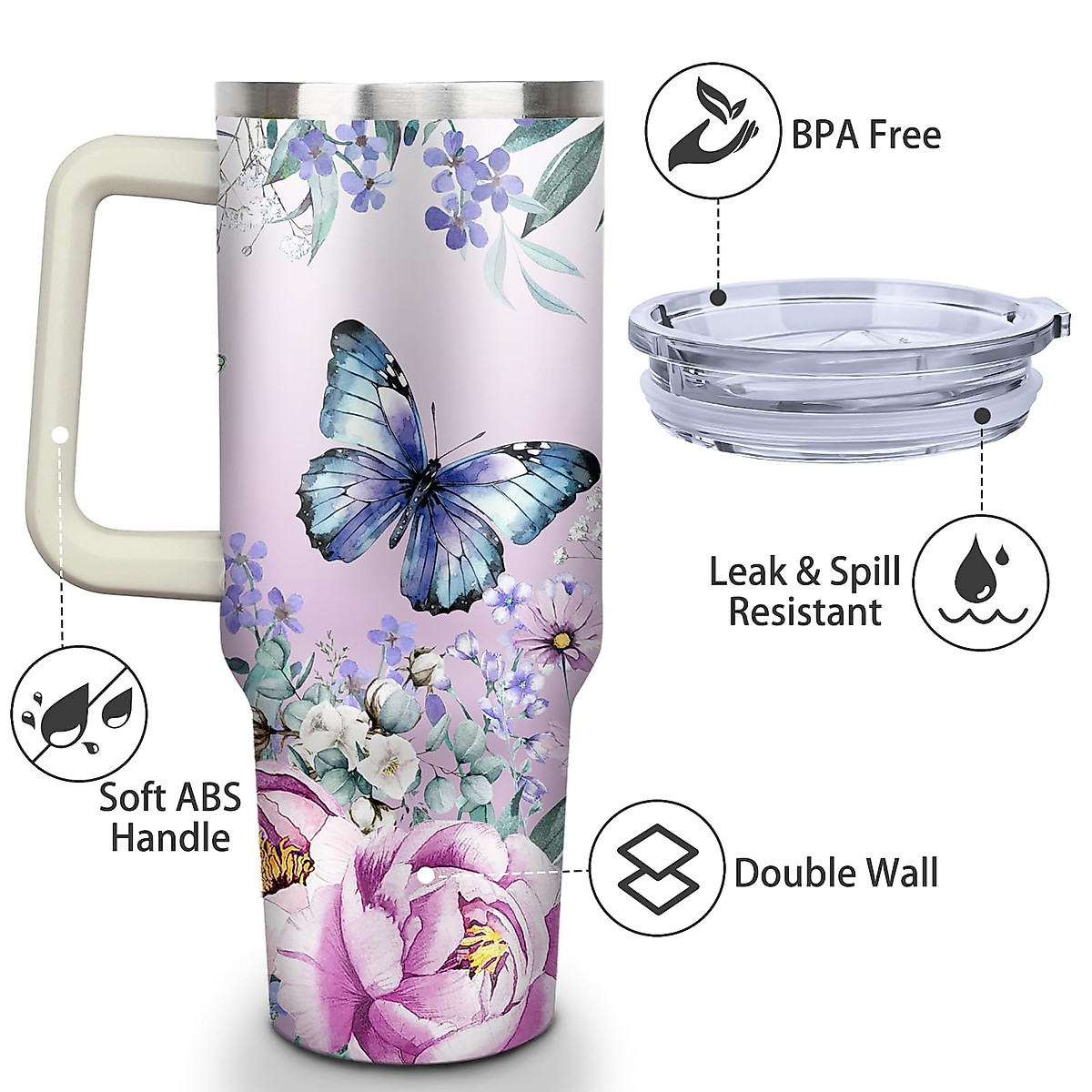 Thmasamwr Butterfly Tumbler With Lid, Straw and Handle - 40oz Stainless Steel Travel Coffee Mug Water Bottle - Gift Cup for Women and Girls