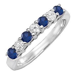 Dazzlingrock Collection 2.5mm Each Round Blue Sapphire & White Diamond 7 Stone Stackable Wedding Band for Women in 14K White Gold, Size 6.5