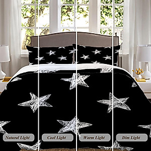 Shrahala Stars Star Black White Duvet Cover Set Queen Size, Chalkboard Stars 3 Pieces Soft Brushed 100% Cotton Duvet Covers with Button Closure, 1 Duvet Cover 90x90 inches and 2 Pillow Shams