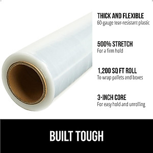 Gorilla Grip 500% Stretch Film Heavy Duty Plastic, 1200ft Shrink Wrap Roll 17" Puncture Resistant, Industrial Strength for Shipping, Pallet Storing, Moving, Packing Furniture Protection 1 Pack Clear