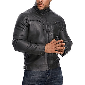 HOOD CREW Men’s Stand Collar Leather Jacket Casual Faux Leather Motorcycle Jacket Outerwear Coat with Zipper Pockets Black XXL