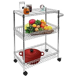 Mount-It! Mesh Wire Rolling Cart | 3-Tier Multi-Function Metal Trolley for Kitchen Storage and Organization | Heavy-Duty Storage Cart with Wheels and Handle | Silver