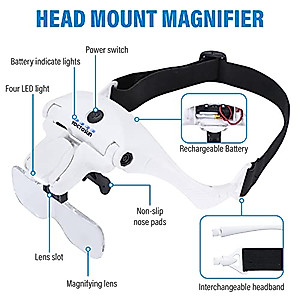 YOCTOSUN Magnifying Glasses with 4 LED Lights, Headband Magnifier with 5 Detachable Lenses 1X, 1.5X, 2X, 2.5X 3.5X -Rechargeable Hands Free Lighted Head Magnifier Glass for Crafts, Cross Stitch, Hobby