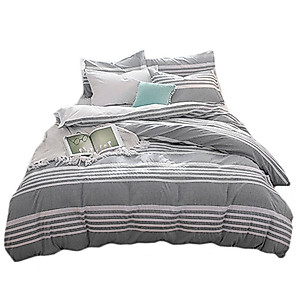 Merryfeel Cotton Duvet Cover Set,100% Cotton Seersucker Stripe Duvet Cover Set, Yarn Dyed Bedding Set,3 Pieces - Full/Queen - Grey