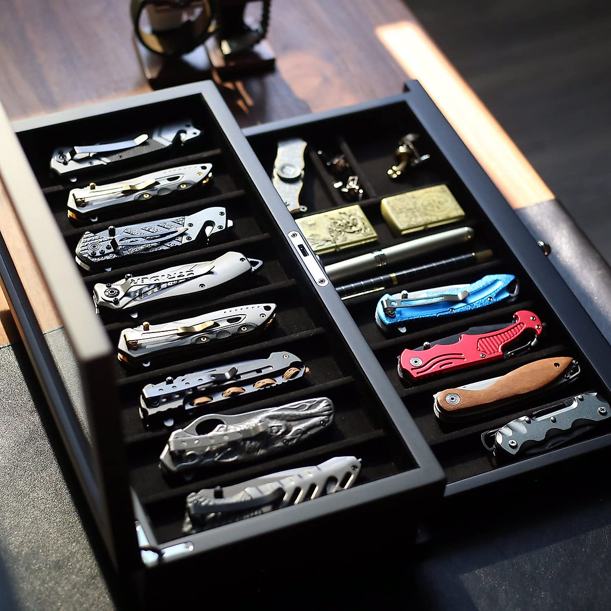 Besforu Pocket Knife Display Case for men collection holder 15-17 folding knife with Walnut Finish Two-Tier Knife organizer storage box with Real Glass Window Top (ebony veneer with draw)