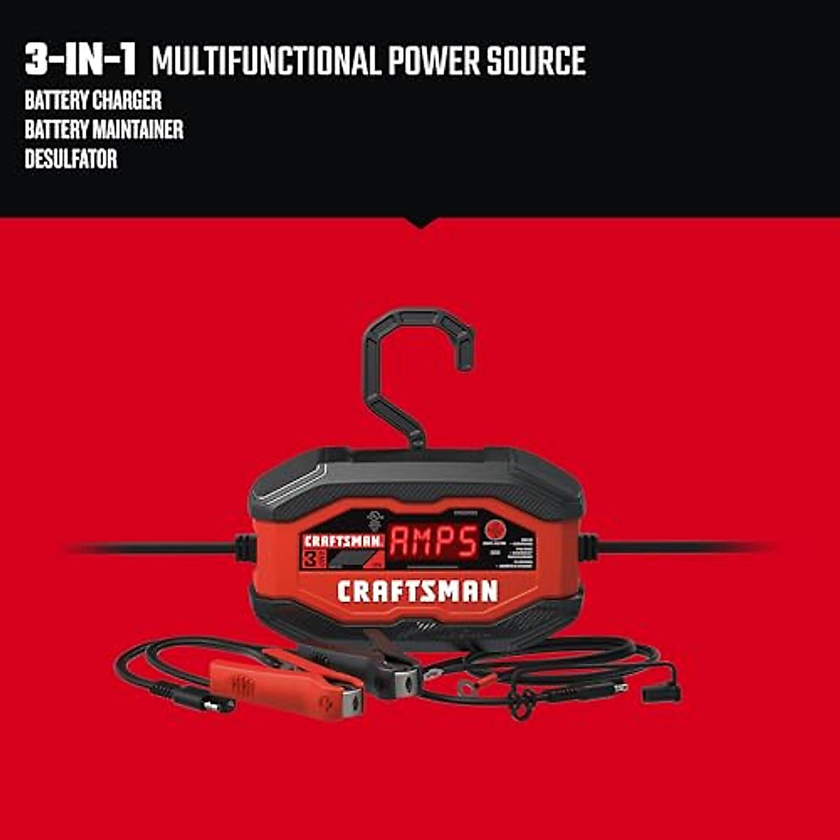 CRAFTSMAN Battery Charger and Maintainer, CMXCESM260, 3-in-1, Fully Automatic, 3 Amps, 12 Volt, for Motorcycle, Car, SUV, Truck and Marine Batteries