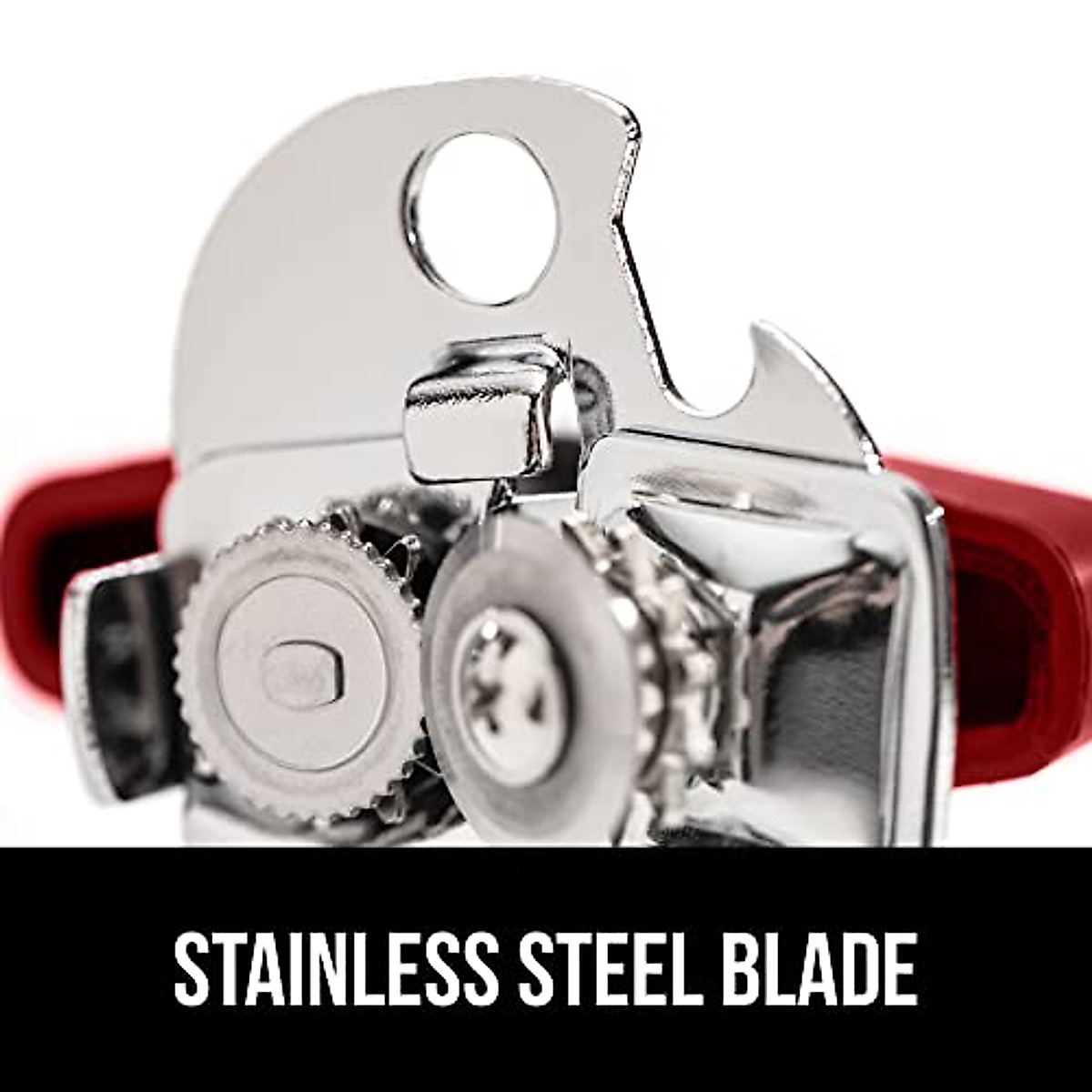 Gorilla Grip Hand Held Can Opener and Vegetable Peeler, Large Lid Openers Rust Proof, Kitchen Food Peelers Safe Blade Guard, Both in Red, 2 Item Bundle