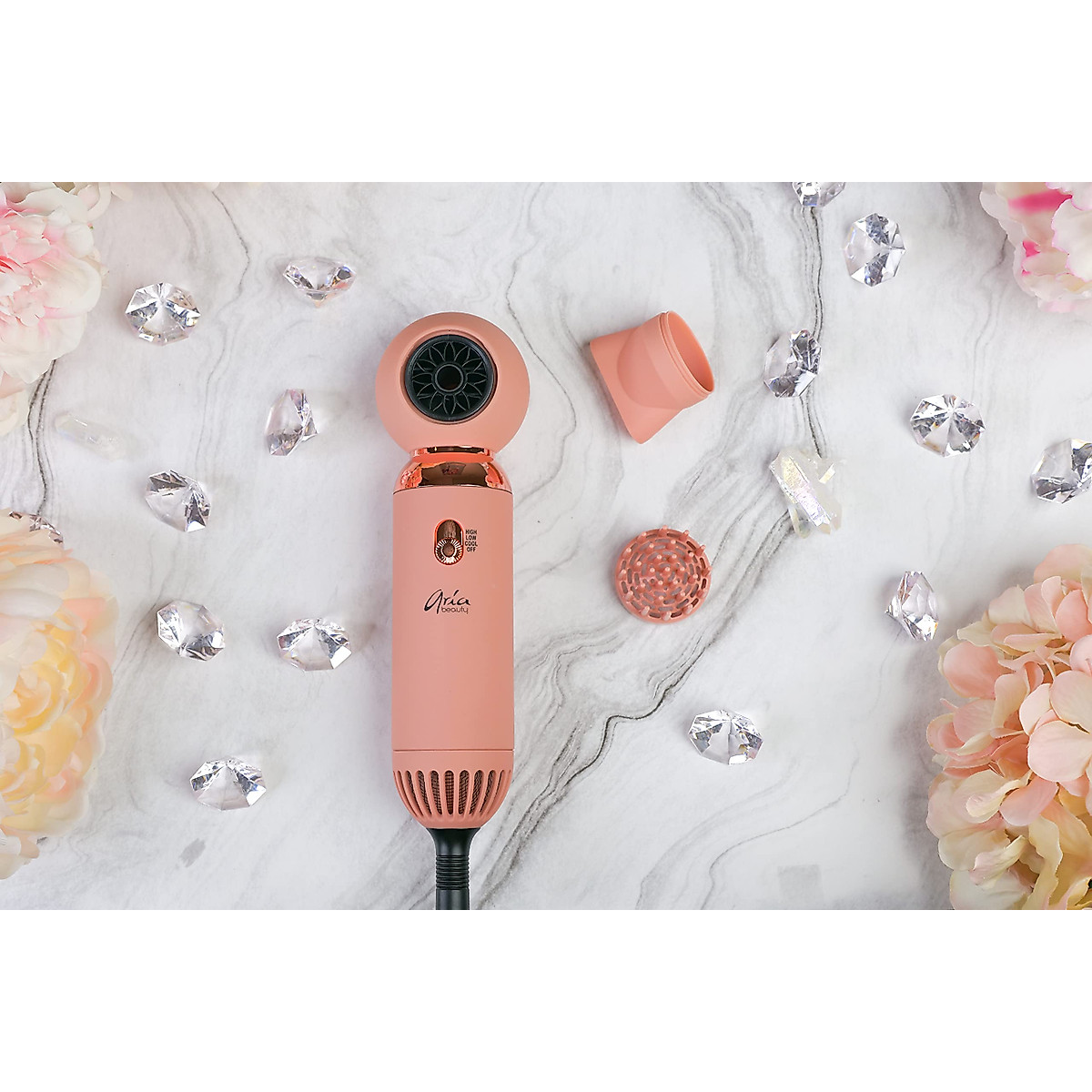 Aria Beauty Too Cute Compact Hair Dryer - Lightweight, Portable Blow Dryer with High or Low Settings - Negative Ionic Technology - Rose Gold - 1 pc