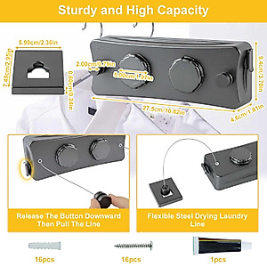 Retractable Clothesline, 16.7Ft Clothes Line Retracting Outdoors, Twin Clothes Drying Laundry Line Indoor, Heavy Duty Adjustable Laundry line Wall Mounted Stainless Steel Line