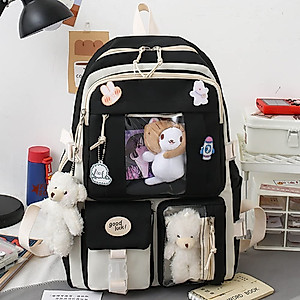 AONUOWE Kawaii Backpack with Cute Pins and Pendants 5Pcs Set Preppy Rucksack for Teen Girls School Bag Aesthetic Backpack (Black)