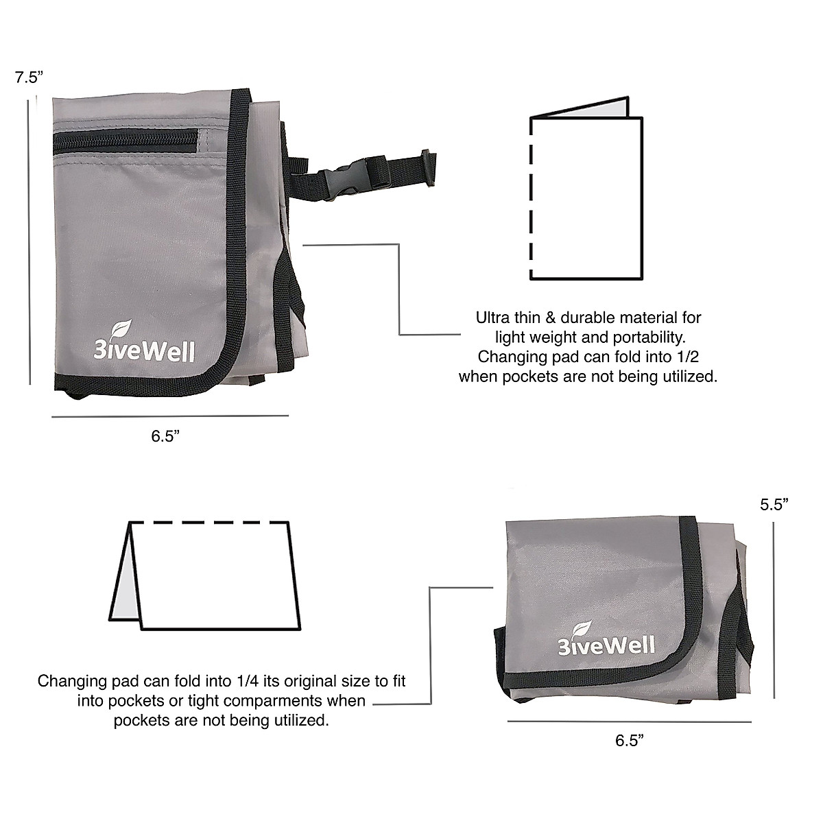 Portable Changing Pad Station for Newborn Baby Infant Diaper Mat Waterproof Compact Wristlet Clutch Holds Wipes & Diapers On The Go Travel Kit for Mom Dad in Grey by 3iveWell