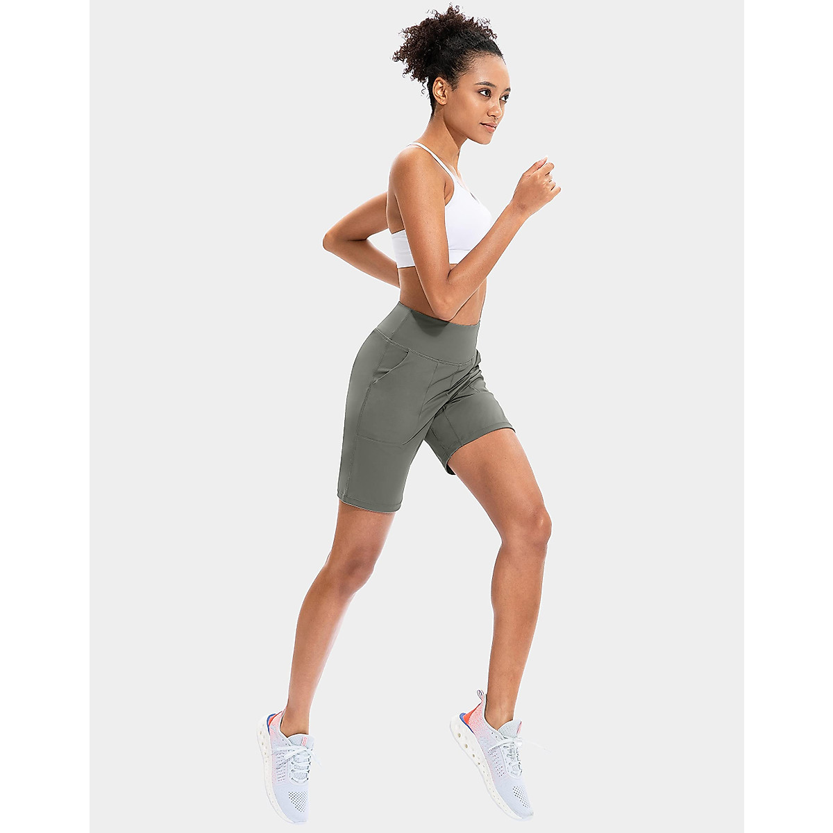 SANTINY Bermuda Shorts for Women with Zipper Pocket Womens High Waisted Long Shorts for Running Workout Athletic(Grey Sage_XL)