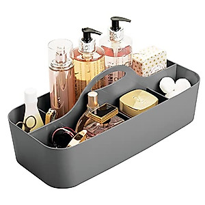 mDesign Plastic Bathroom Storage Organizer Caddy Tote - Divided Basket Bin with Handle for Shower, Dorm Room - Holds Soap, Body Wash, Shampoo, Conditioner, Lotion - Lumiere Collection, Charcoal Gray