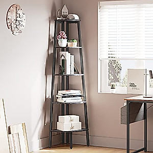 CubiCubi Corner Shelf Stand, Corner Shelves, Industrial Ladder Shelf for Small Space, Metal Corner Book Shelf with Two Hooks,Black Marble