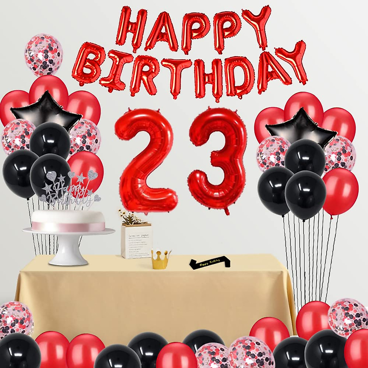 Fancypartyshop 23RD Birthday Party Decorations Supplies Red Black Later Balloons Happy Birthday Cake Topper Sash Foil Black Curtains Foil Star Balloons Number Red 23