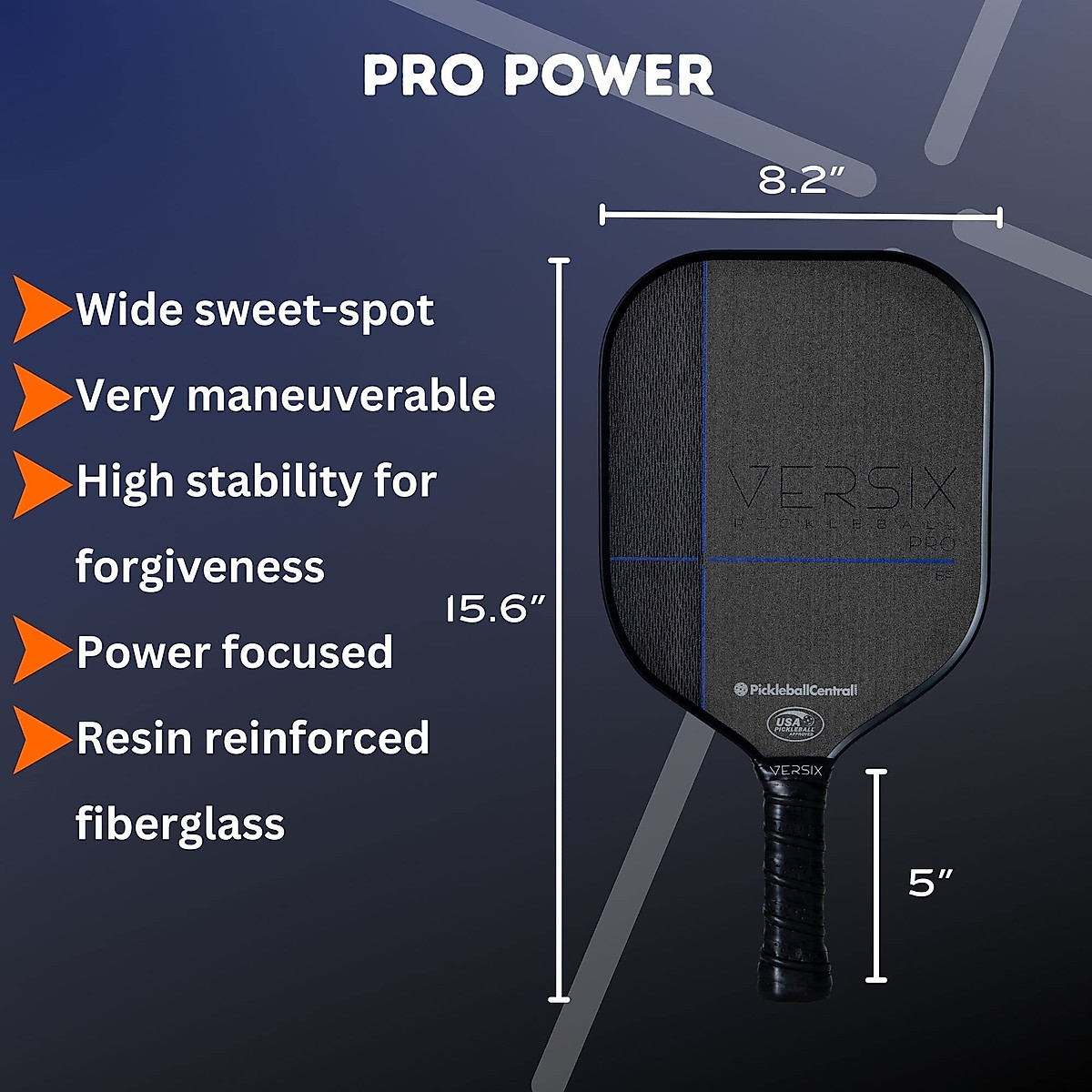 VERSIX Pro 6F Power Textured Fiberglass Pickleball Paddle, Widebody Shape, Fiberglass Composite Face, Weight 7.8 – 8.2oz.(Midweight), 15mm Thick Polypropylene Core, 4 1/8" Grip (Small Grip)